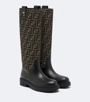 Fendi Filo Canvas And Leather Knee-high Boots - Black