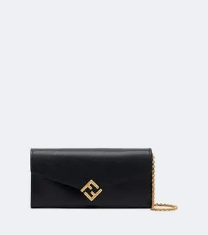 Fendi Ff Diamonds Leather Wallet On Chain - Black