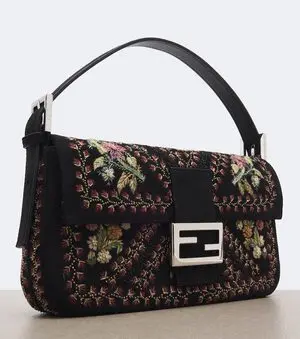 Fendi Baguette® 26424 Floral Suede Shoulder Bag