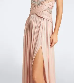 Costarellos Avalia Draped Embellished Georgette Bustier Gown