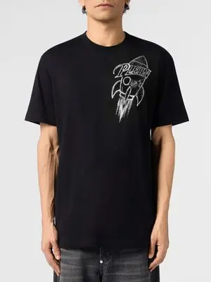 Philipp Plein Crew-neck Cotton T-shirt With Graphic Print And Rhinestones - Black