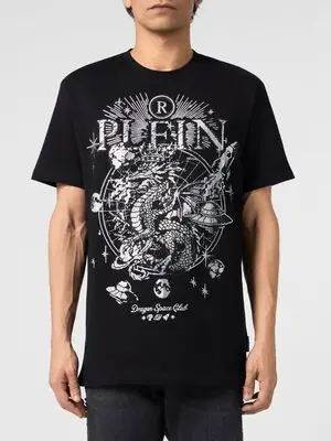 Philipp Plein Crew Neck Cotton T-shirt With Embroidered Graphic And Rhinestones - Black