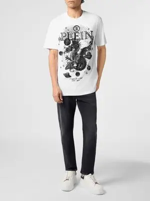 Philipp Plein Crew Neck Cotton T-shirt With Embroidered Graphic And Rhinestones - White