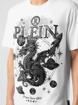 Philipp Plein Crew Neck Cotton T-shirt With Embroidered Graphic And Rhinestones - White