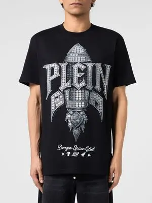 Philipp Plein Cotton T-shirt With Embroidered Graphic Logo And Rhinestones - Black