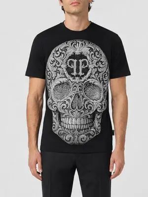 Philipp Plein Cotton T-shirt With Skull Print And Rhinestone Application - Black