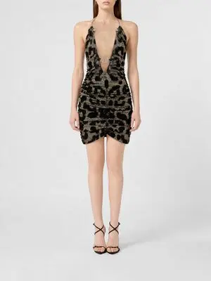 Philipp Plein Animal Print Jersey Mini Dress With Draping And Off-shoulder Design