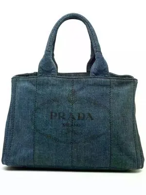 Prada 2013-2026 Denim Canapa Logo Tote Satchel - Blue