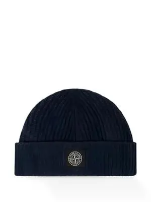 Stone Island Ribbed-knit Logo-patch Beanie Hat - Blue
