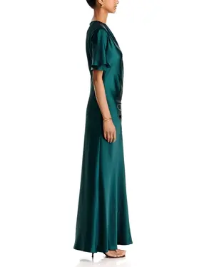 Aqua Stretch Satin Ruched Gown Exclusive