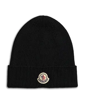 Moncler Logo Ribbed Beanie Hat - Black