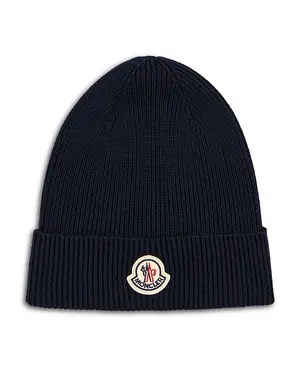 Moncler Logo Ribbed Beanie Hat - Navy