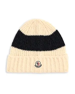 Moncler Logo Ribbed Beanie Hat - White