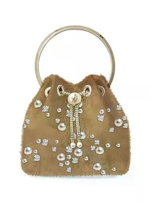 JIMMY CHOO Bon Bon Shearling Faux-pearl Embellished Bucket Bag