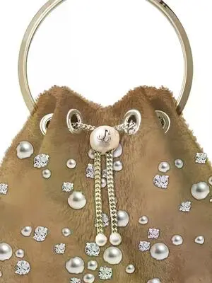 JIMMY CHOO Bon Bon Shearling Faux-pearl Embellished Bucket Bag