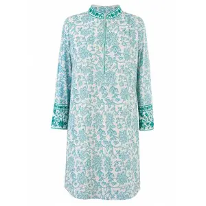 KAMINEE Turquoise Floral Block Print Linen Kaftan Lagoon - Blue