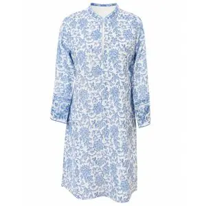 KAMINEE Blue / White Lagoon Floral Block Print Linen Kaftan Blue - Blue/white