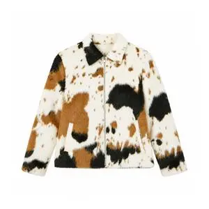 YUMI Cow Print Faux Fur Zip Jacket - Brown