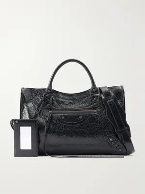 Balenciaga Le City Medium Embellished Crinkled-leather Shoulder Bag Black