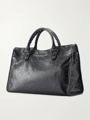Balenciaga Le City Medium Embellished Crinkled-leather Shoulder Bag - Black