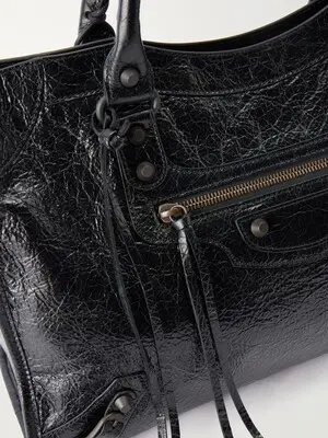 Balenciaga Le City Medium Embellished Crinkled-leather Shoulder Bag - Black