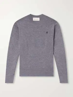 AMI Paris Adc Logo-embroidered Merino Wool Sweater - Gray