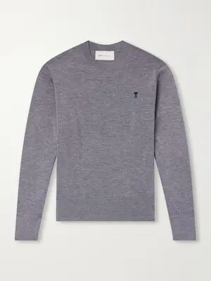 AMI Paris Adc Logo-embroidered Merino Wool Sweater - Gray