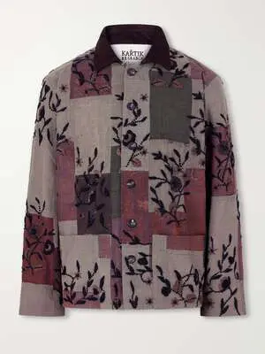 KARTIK RESEARCH Embroidered Patchwork Suede-trimmed Cotton Chore Jacket - Green
