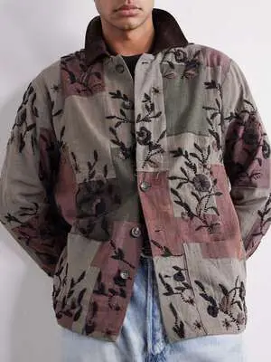 KARTIK RESEARCH Embroidered Patchwork Suede-trimmed Cotton Chore Jacket