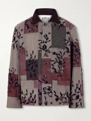 KARTIK RESEARCH Embroidered Patchwork Suede-trimmed Cotton Chore Jacket - Green