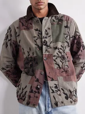 KARTIK RESEARCH Embroidered Patchwork Suede-trimmed Cotton Chore Jacket