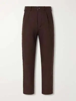 KARTIK RESEARCH Straight-leg Pleated Embroidered Wool-twill Trousers - Brown
