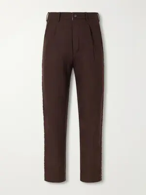KARTIK RESEARCH Straight-leg Pleated Embroidered Wool-twill Trousers - Brown