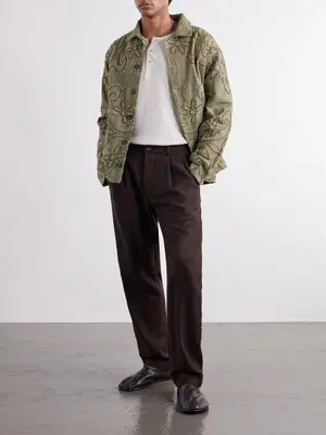 KARTIK RESEARCH Straight-leg Pleated Embroidered Wool-twill Trousers