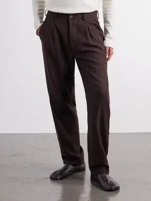 KARTIK RESEARCH Straight-leg Pleated Embroidered Wool-twill Trousers