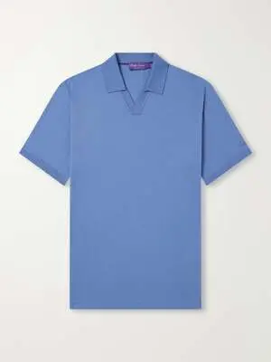 Ralph Lauren Purple Label Johnny-collar Cotton And Cashmere-blend Piqué Polo Shirt - Blue