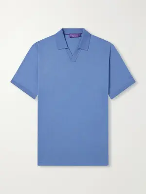 Ralph Lauren Purple Label Johnny-collar Cotton And Cashmere-blend Piqué Polo Shirt - Blue