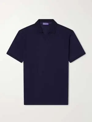 Ralph Lauren Purple Label Johnny-collar Cotton And Cashmere-blend Piqué Polo Shirt - Navy