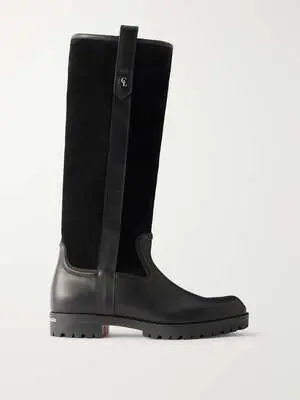 CHRISTIAN LOUBOUTIN Leather-trimmed Suede Biker Boots - Black