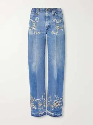 KARTIK RESEARCH Straight-leg Distressed Bead-embellished Jeans - Blue