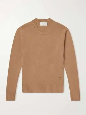 AMI Paris Logo-embroidered Cashmere And Wool-blend Sweater - Brown