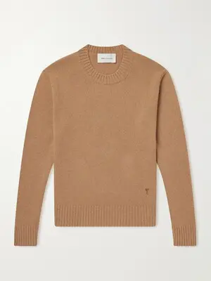 AMI Paris Logo-embroidered Cashmere And Wool-blend Sweater - Brown
