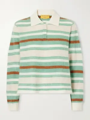 Guest In Residence Grizzly Cropped Striped Brushed Cashmere Polo Sweater - Green