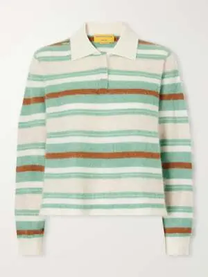 Guest In Residence Grizzly Cropped Striped Brushed Cashmere Polo Sweater - Mint