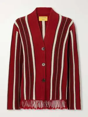 Guest In Residence Handloom Fringed Striped Wool And Cashmere-blend Cardigan - Red