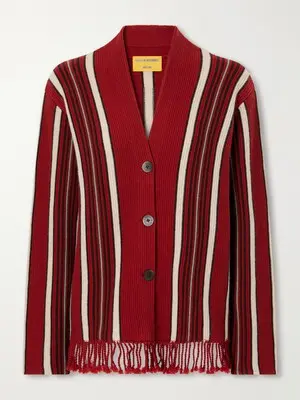 Guest In Residence Handloom Fringed Striped Wool And Cashmere-blend Cardigan - Red