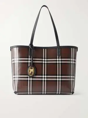 Burberry Checked Leather-trimmed Glossy Canvas Tote - Brown