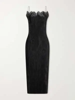 FFORME Lumie Lace-trimmed Pleated Satin Midi Dress - Black