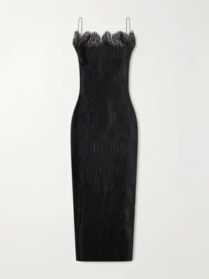 FFORME Lumie Lace-trimmed Pleated Satin Midi Dress - Black