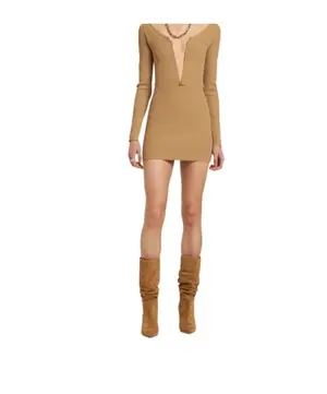 DION LEE Deep V-neck Rib Knit Mini Dress